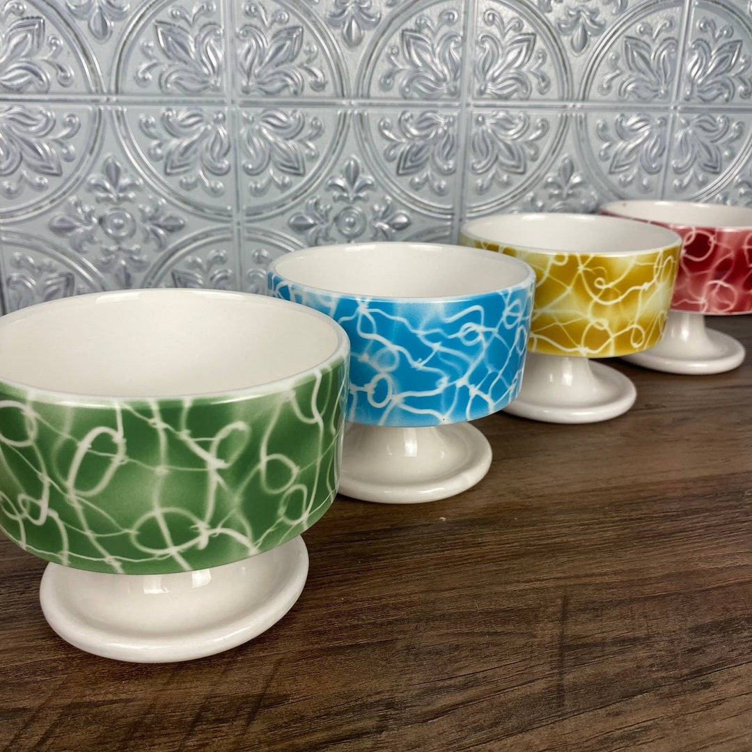 Vintage Ice Cream Bowls, MCM Squiggle Line Design, Stacking Pedestal ...