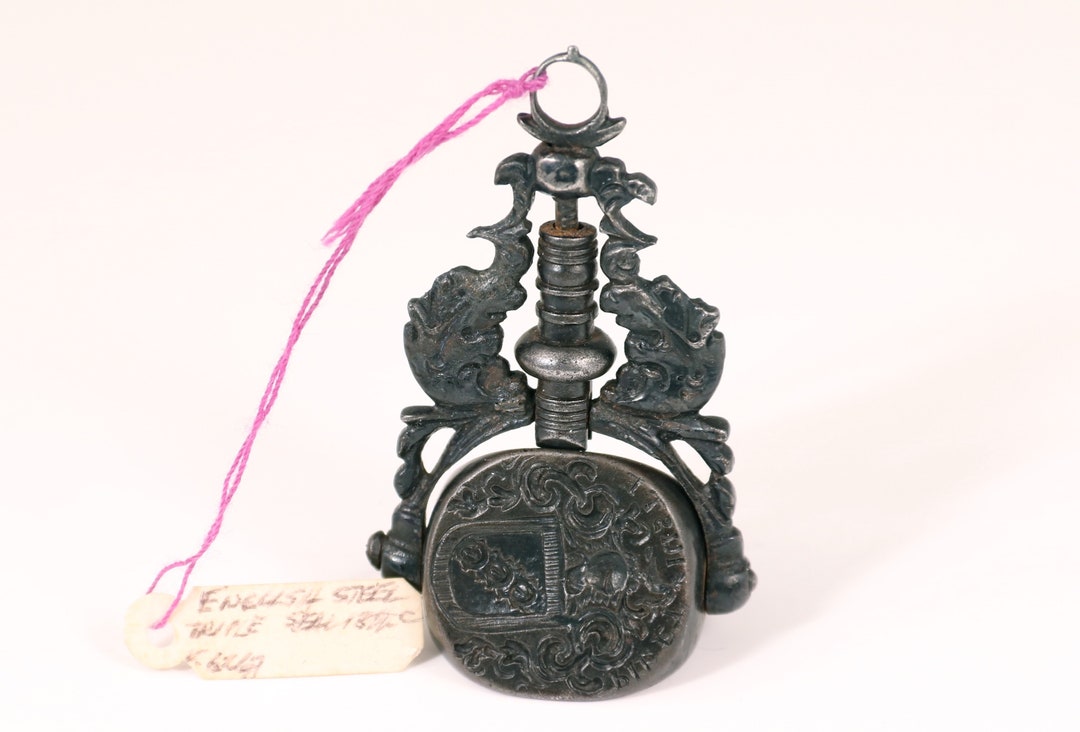 18th Century English Steel Swivel Fob | 3 Sided Intaglio Coat of Arms ...