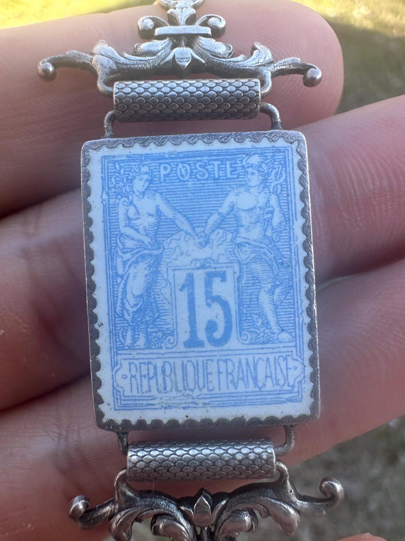 Antique French Silver Watch Chain With Enameled Postage Stamp ...