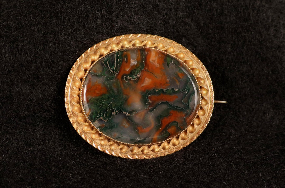 Victorian Era Moss Agate and 14k Gold Brooch - Etsy