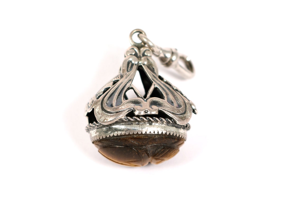 Antique Tiger’s Eye Scarab Fob Pendant – Egyptian Revival, Silver Art ...