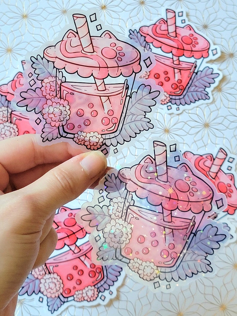 Pink Bubble Tea Sticker - Holographic or Clear Laminate, Frosty Clear ...
