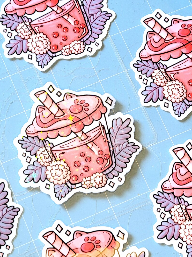 Pink Bubble Tea Sticker Holographic or Clear Laminate - Etsy