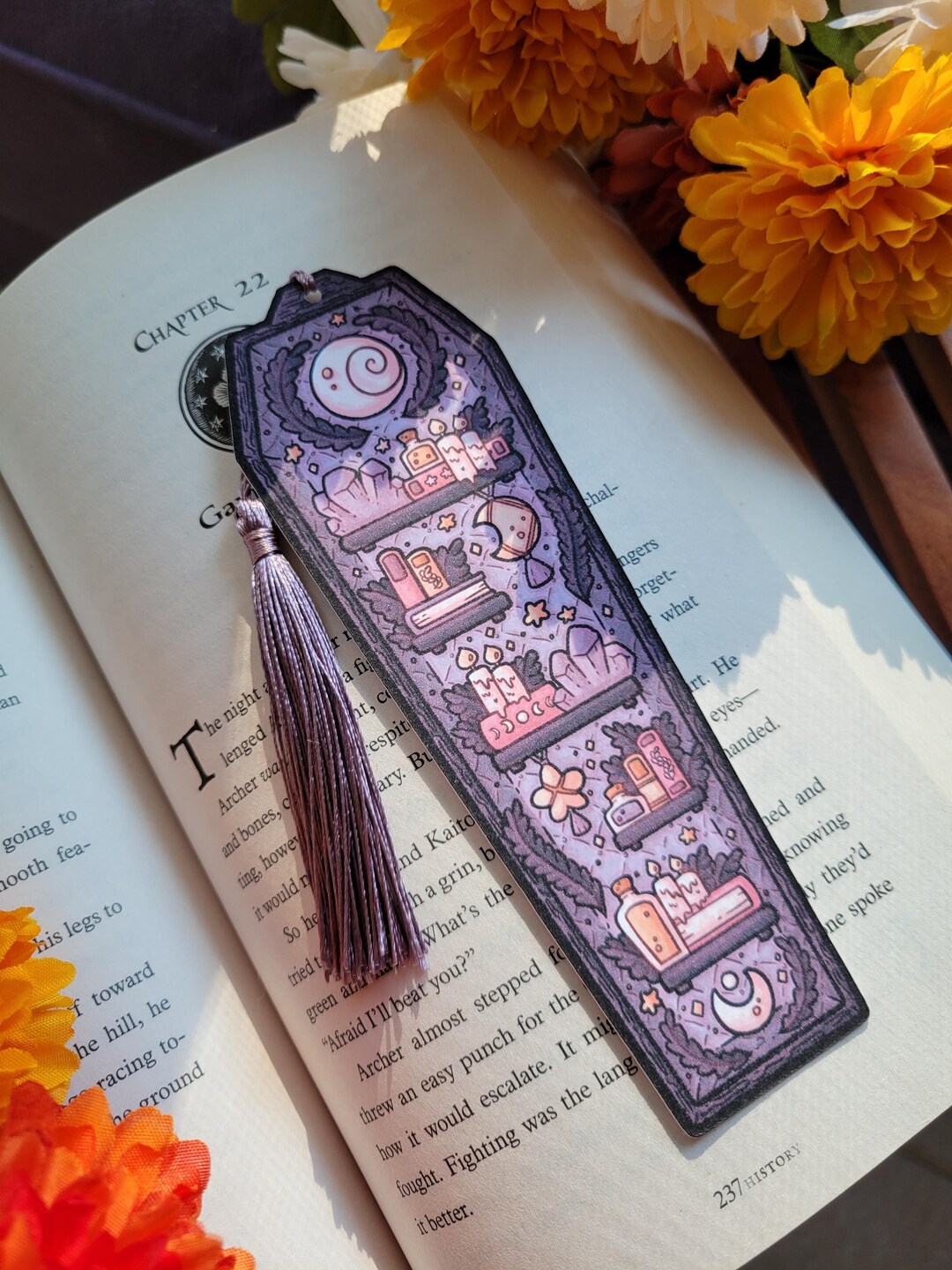 2"x6" Purple Coffin Bookmark With Tassel - Moon Witch Cardstock Paper ...