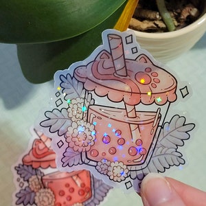 Pink Bubble Tea Sticker - Holographic or Clear Laminate, Frosty Clear ...