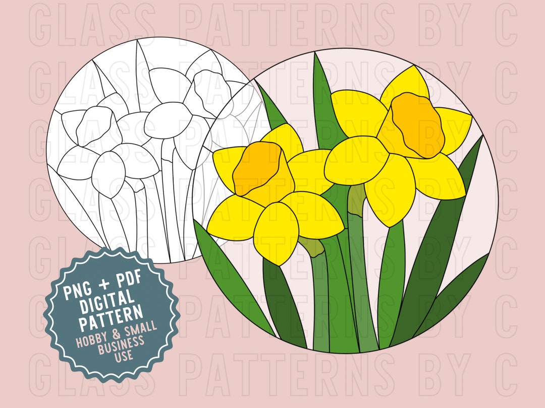 Daffodils Stained Glass Pattern Digital Download PNG PDF SVG Glass Patterns by C Floral Flowers ...