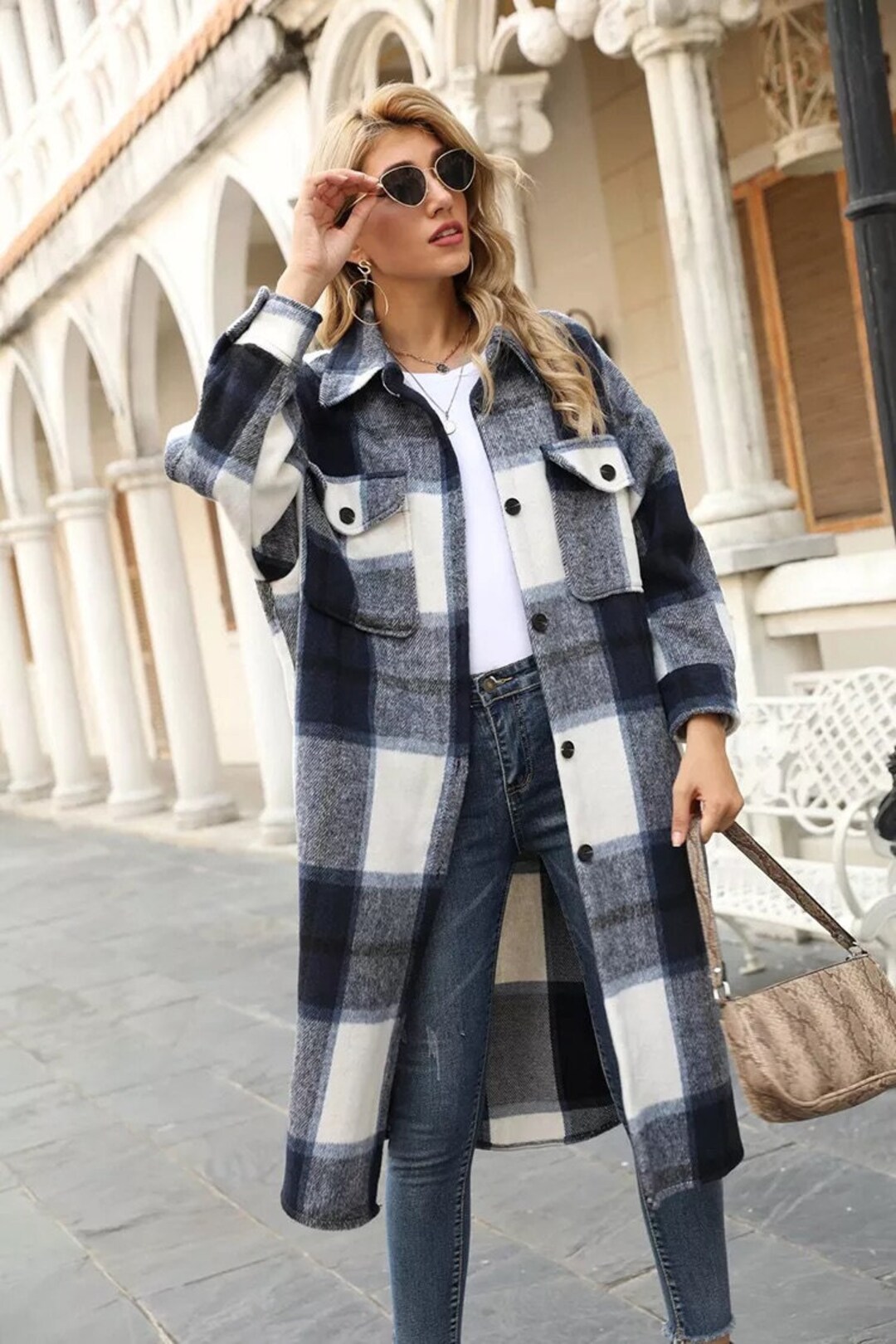 Womens Long Plaid Flannel Oversized Shacket Navy - Etsy