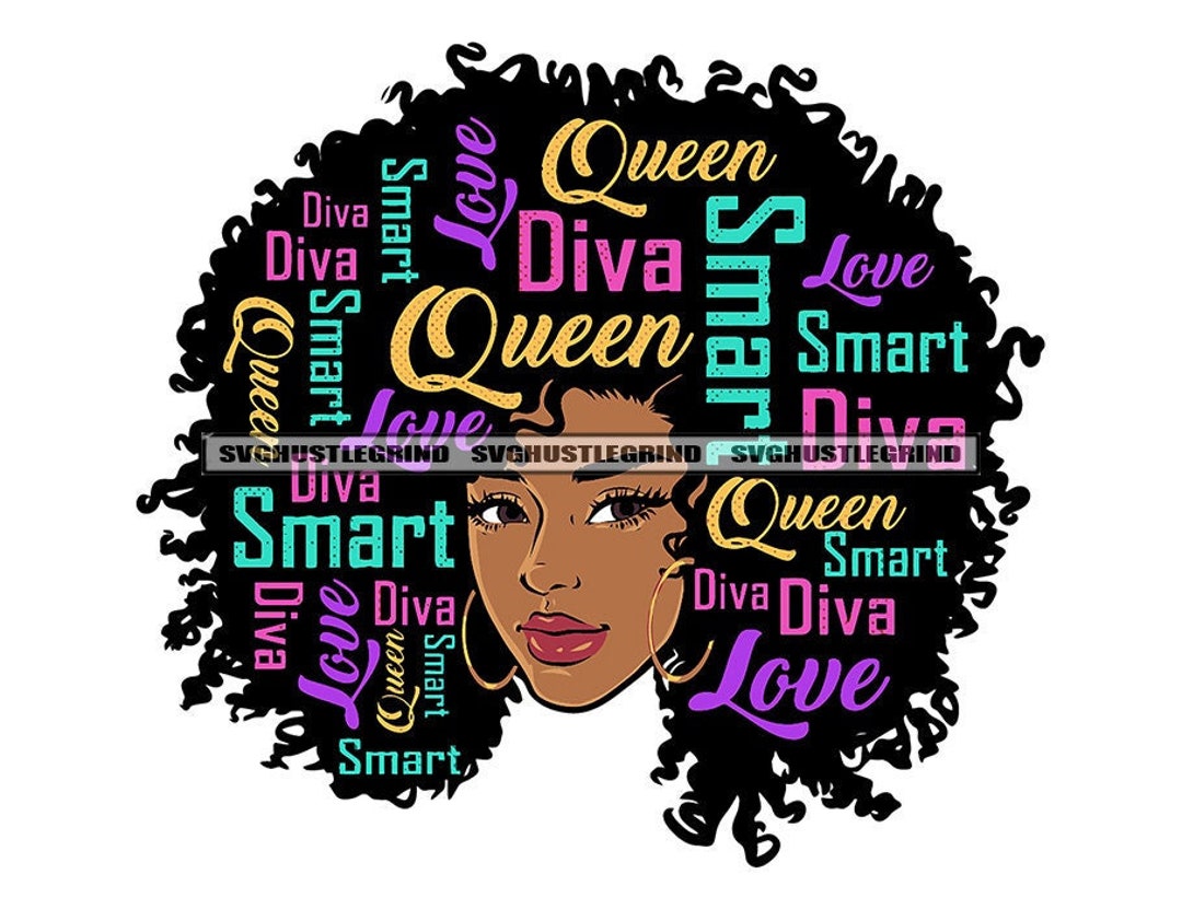 Beautiful Smart Black Woman Afro Words Hair Diva Queen Love Graphic ...