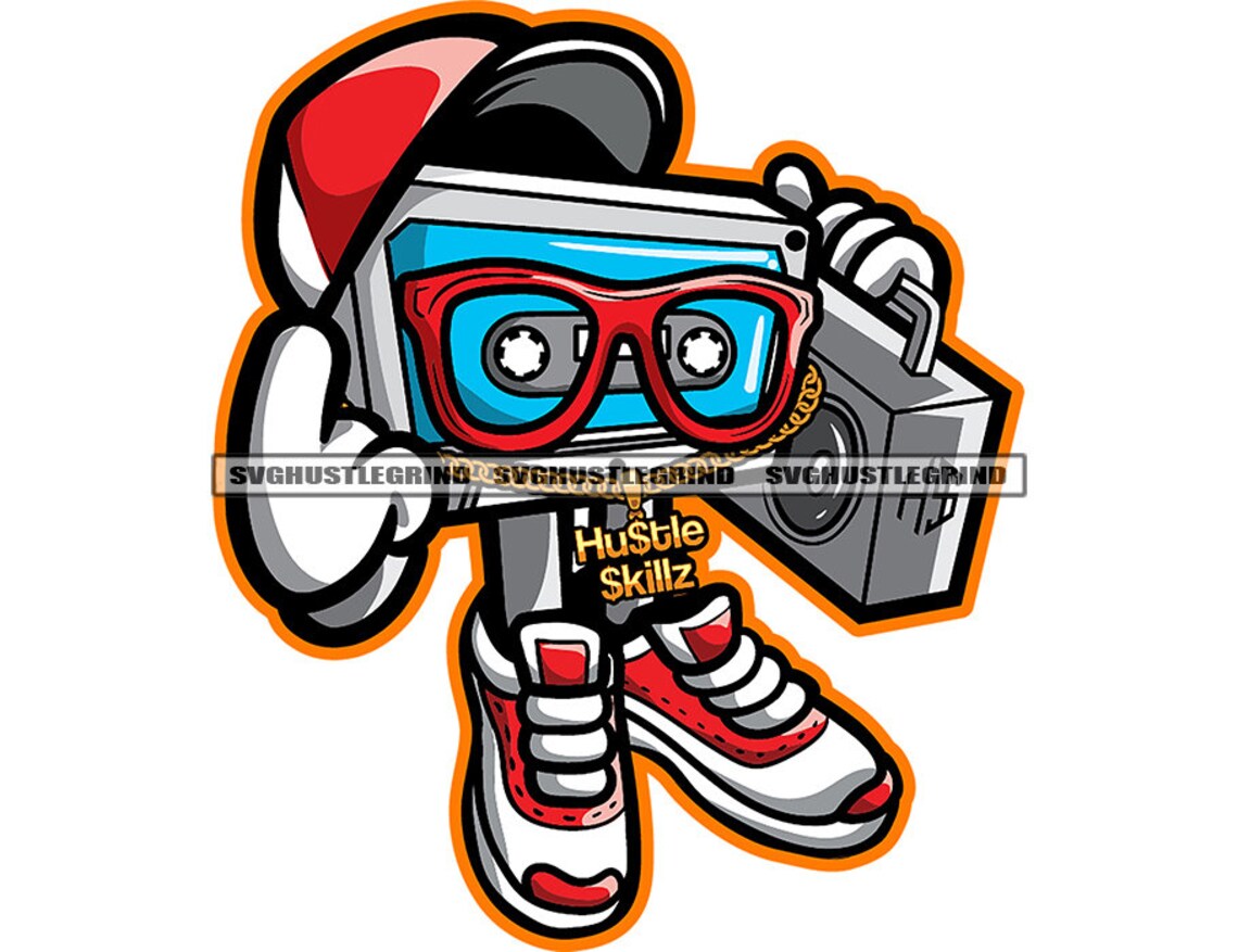 Cool Boombox Retro Radio Cartoon Character Listening Radio Glasses ...