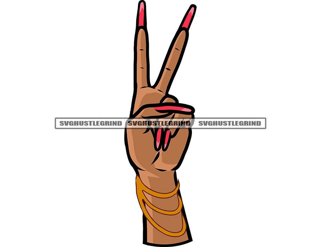 Black Woman Peace Sign Fingers Gold Bracelet Bangle Long Fingernails ...