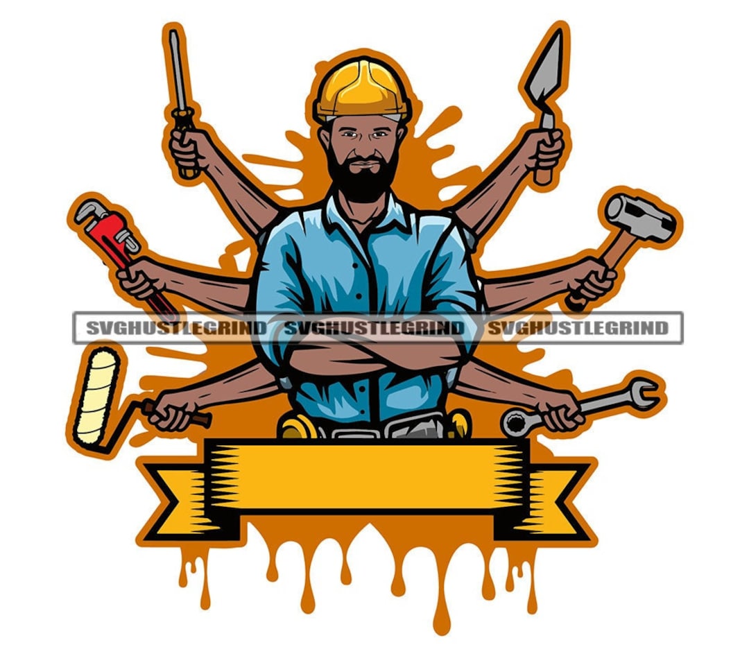 Black Man Construction Worker Arms Crossed Hard Hat Tool Banner Logo ...