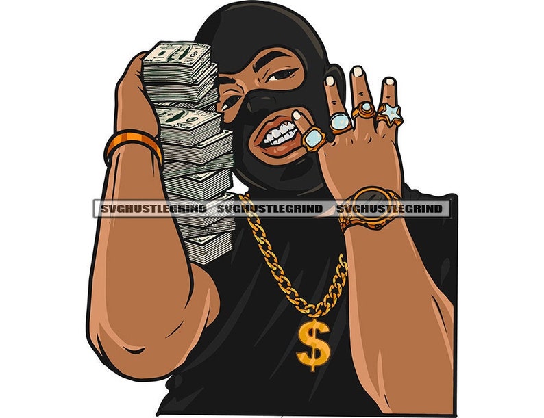 Black Thug Ski Mask Balaclava Grill Four Rings Watch Dollar Sign ...