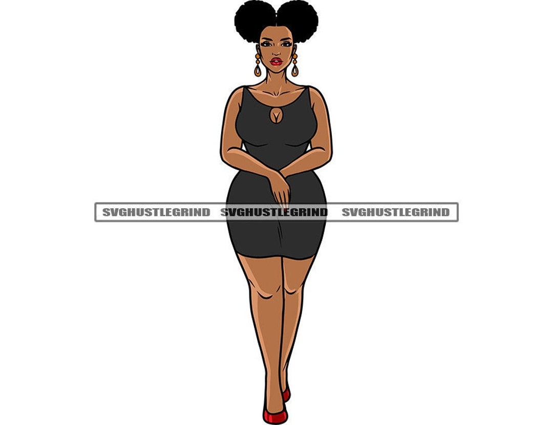 Black Woman Afro Puffs Standing Short Black Dress Heels Gold Earring ...