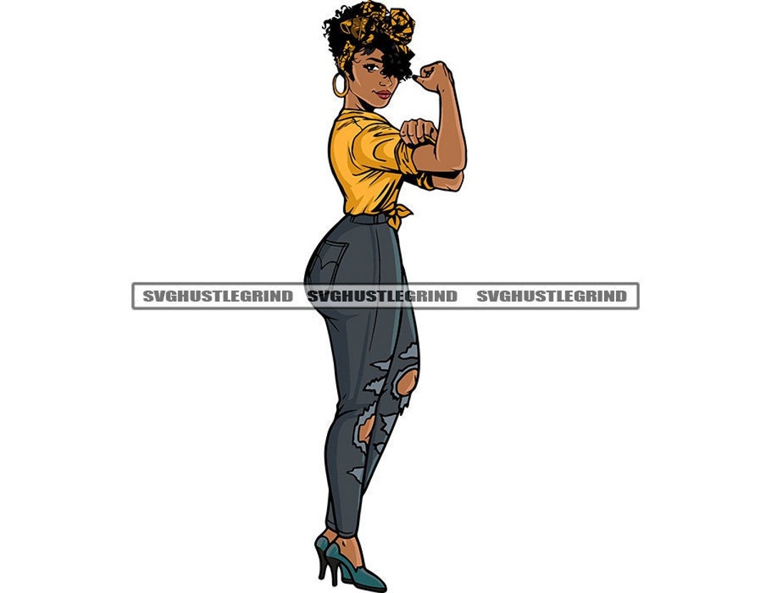 Strong Black Female Showing Muscles Ripped Torn Jeans Heels Headwrap ...