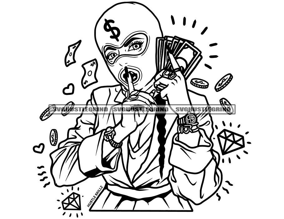 Black Woman Ski Mask Holding Stack Cash Money Dress Coins Braids Quiet ...