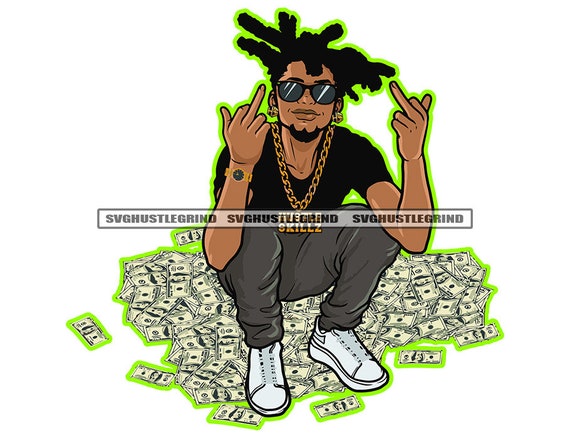 Gangster Black Man Squatting Bragging Money Spread Stacks Locs | Etsy