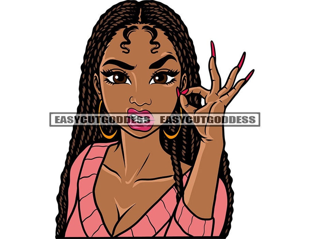 Black Woman Twisted Hair Snarky Look Brown Eyes Red Lipstick Pink Top ...