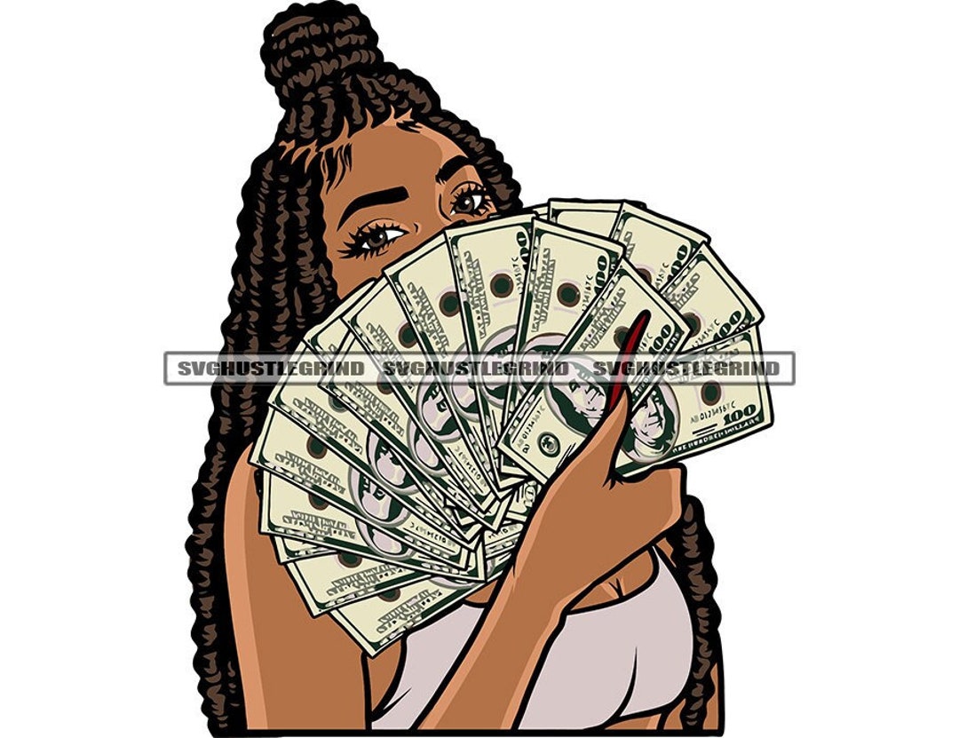 Black Woman Braids Brown Eyes Holding Cash Money Dollar Bills Benjamins ...