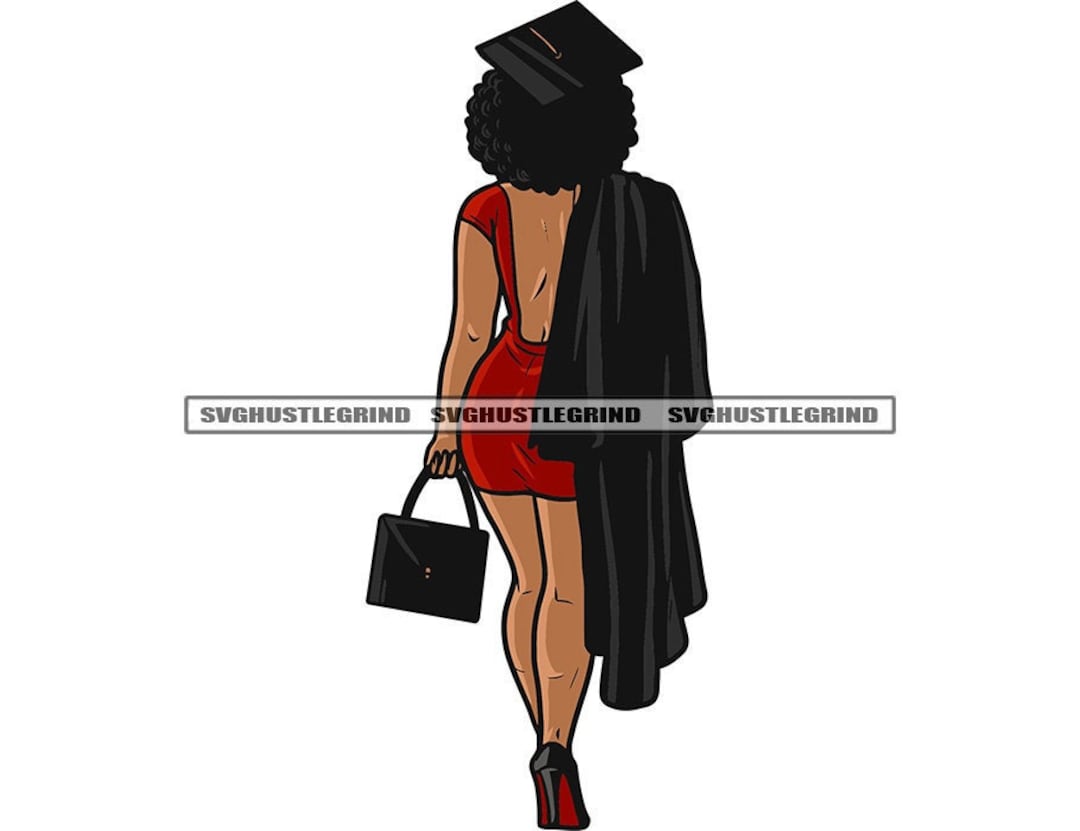 Black Woman Short Red Dress Graduation Cap Gown Red Sole Heels Black ...