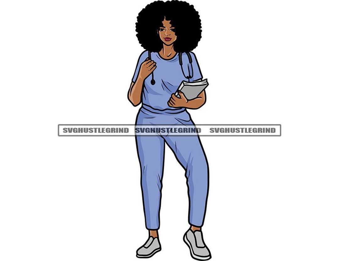 Black Lady Female Afro Surgeon Blue Scrubs Hospital Nurse Doctor Health ...