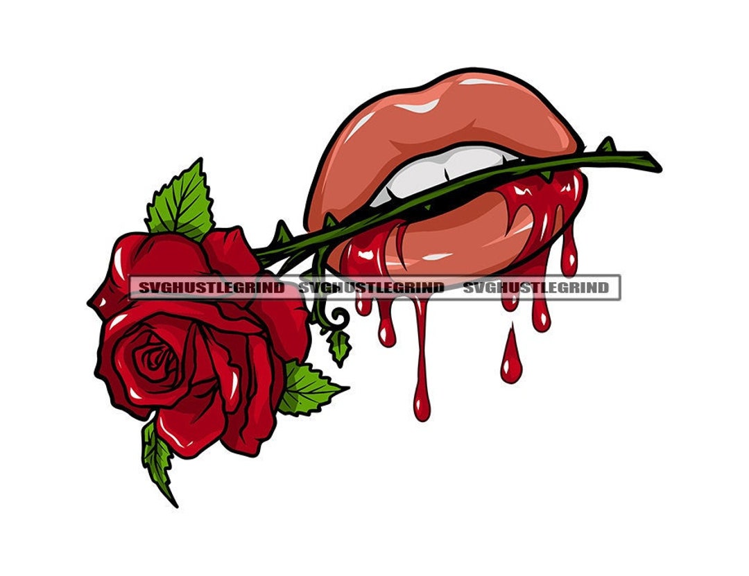 Juicy Pink Lips Holding Red Rose Teeth Dripping Red Blood Plant Flower ...