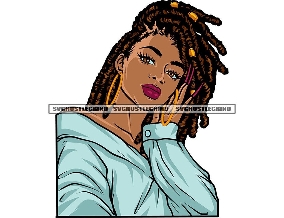 Black Woman Sister Locs Dreads Gold Loc Band Blue Blouse Hand Head Long ...