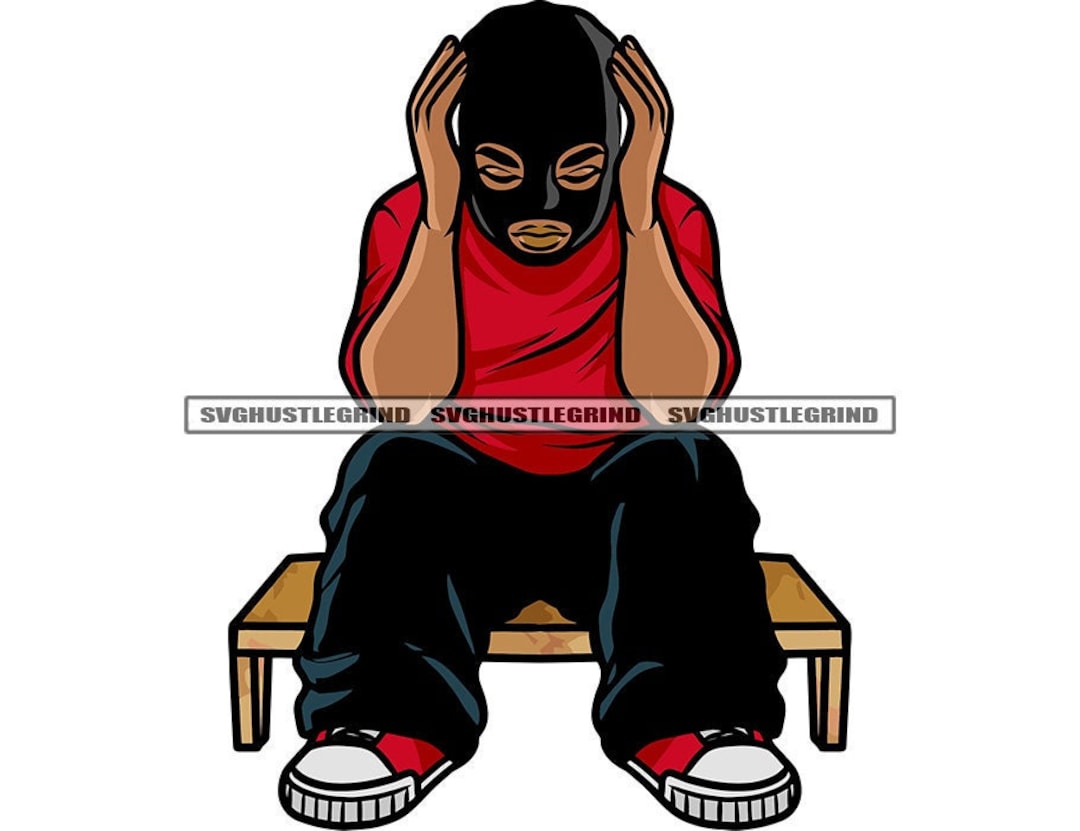 Thug Like Young Man Black Hood Red T-shirt Sitting Bench Baggy Jeans ...