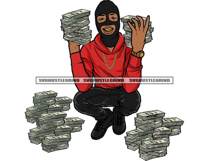Gangster Man Red Hoodie Ski Mask Kneeling Stacks Cash Money Dollar ...