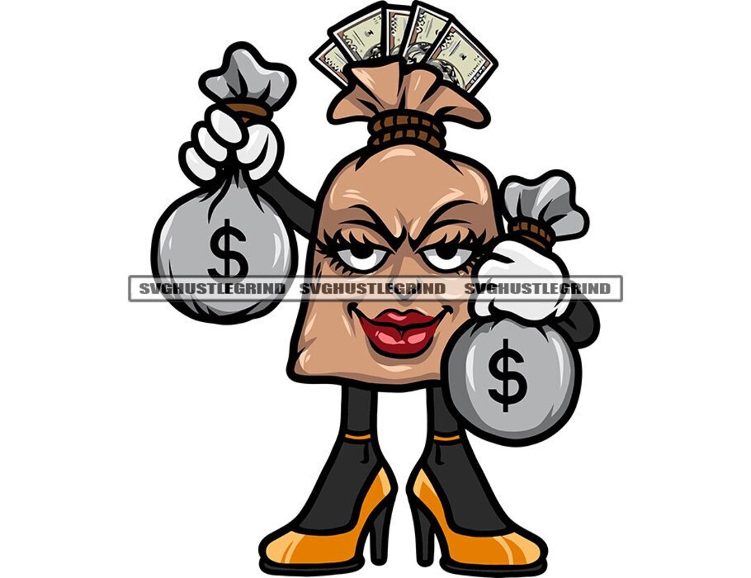 Female Lady Bank Bag Head Character Two Silver Bags Cash Money Dollars ...
