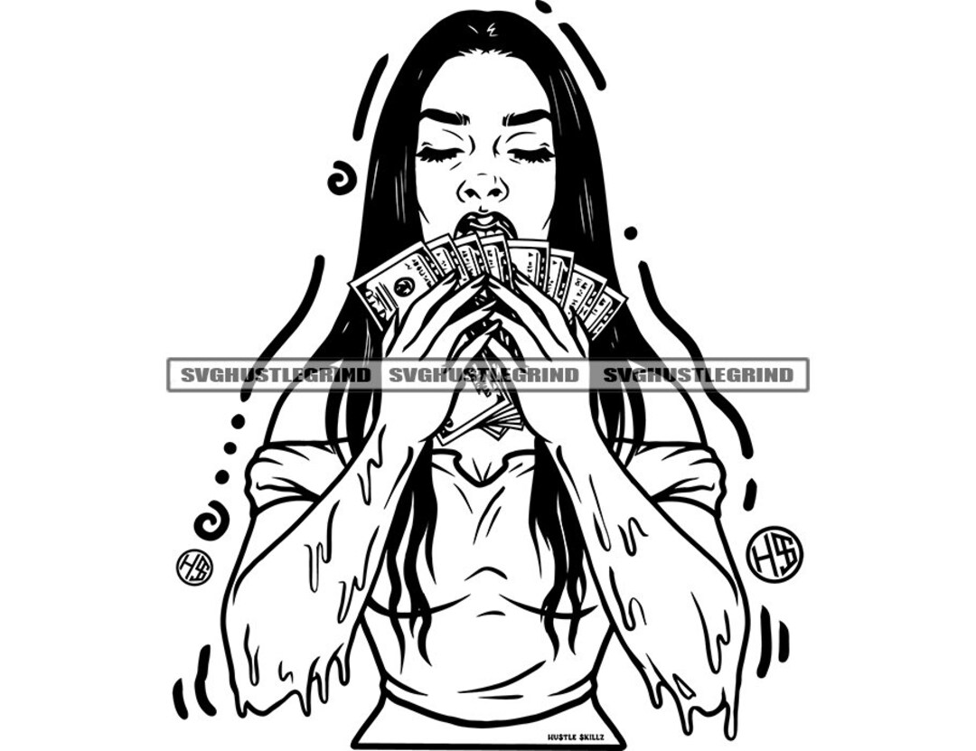 Dripping Black Woman Counting Stack Cash Money Long Hair Dollars Sip ...