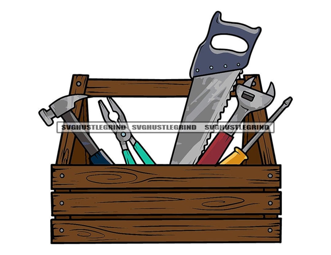 Wooden Toolbox Saw Hammer Plies Wrench Screwdriver Construction ...
