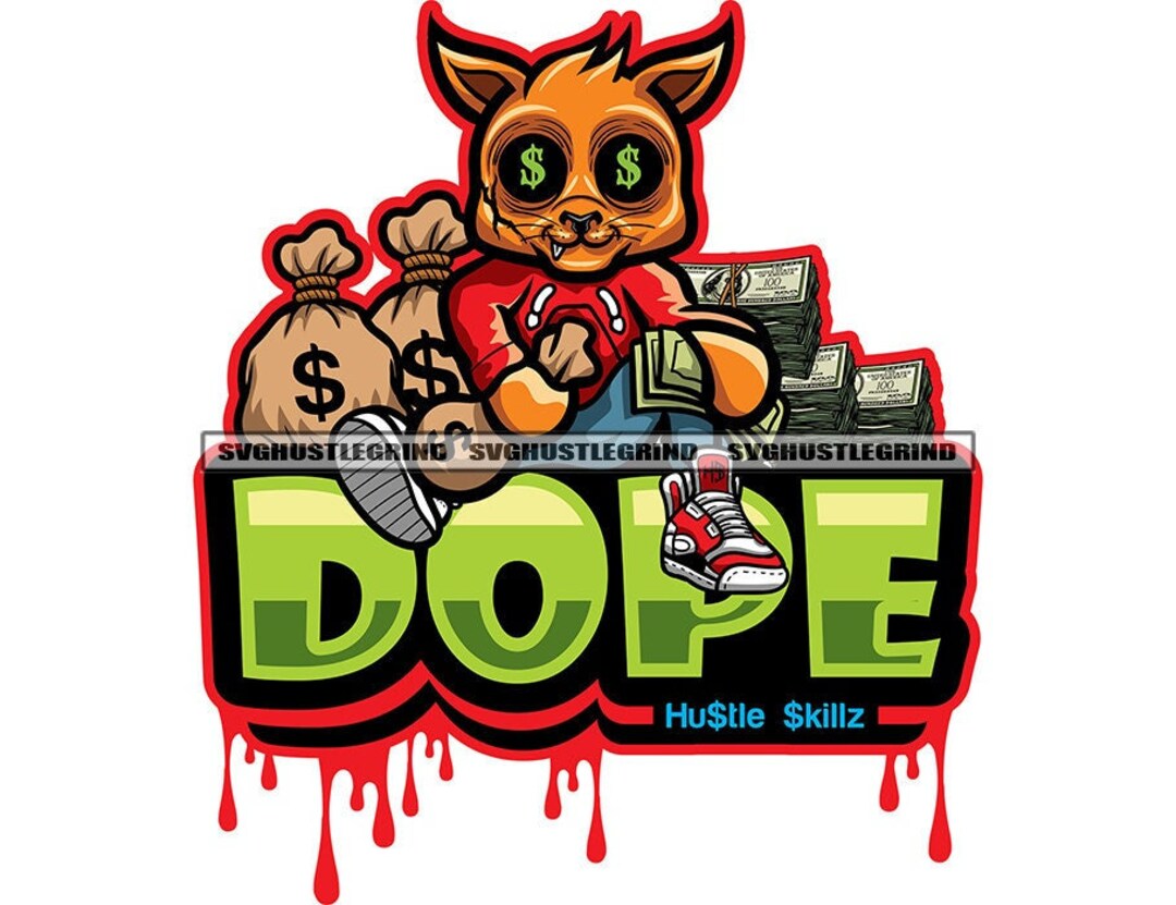 Dope Gangster Cat Sitting Holding Bank Bag Cash Money Red Hoodie Jeans ...