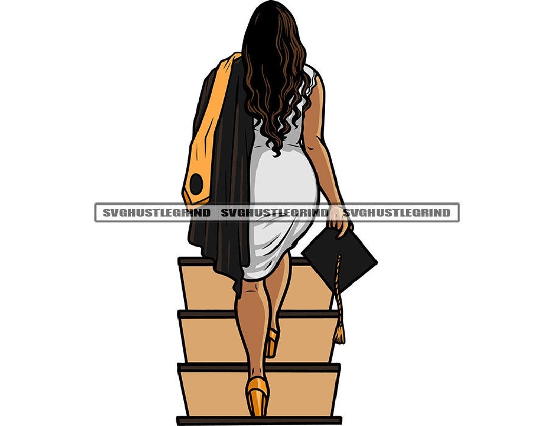 Black Woman Student Graduate Graduation Cap Gown Dress Gold Heels ...