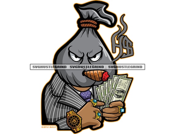 Gangster Money Bag Head Man Cartoon Character Money Stack - Etsy