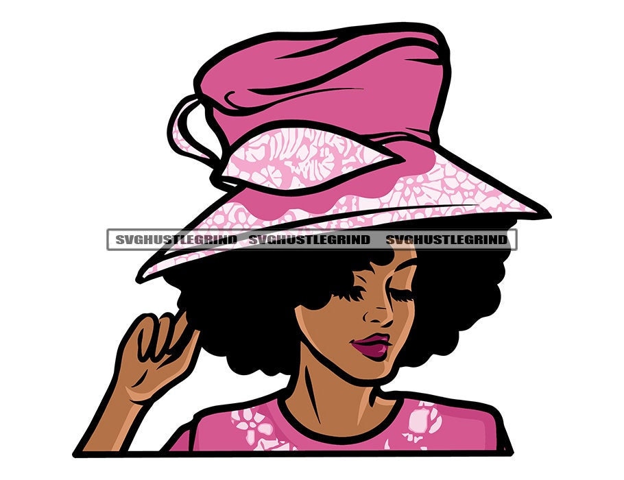 Black Woman Church Lady Big Pink Hat Holding Hat Floral Pattern Half ...