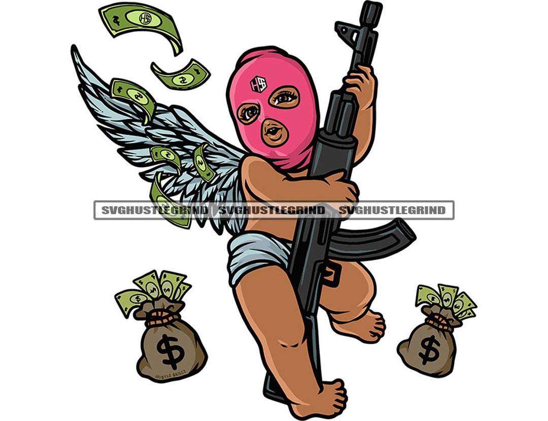 Baby Angel Holding Big Gun Weapon Wings Flying Cash Money Pink Ski Mask ...