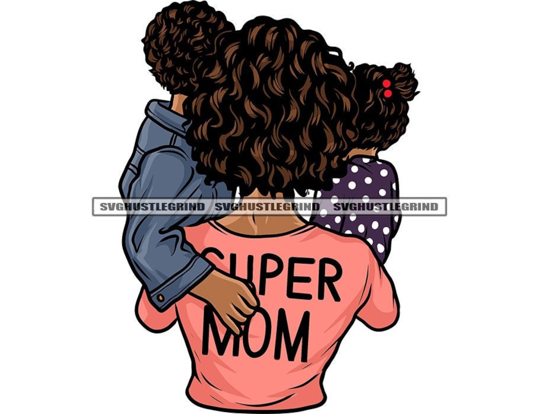 Super Mom Black Mother Holding Two Kids Children Boy Girl Toddlers Pink ...