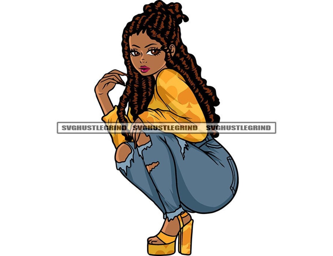 Sweet Black Woman Dread Locs Stooping Ripped Torn Jeans Yellow Top ...