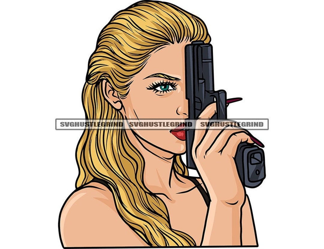 Blonde Hair White Woman Holding Gun Pistol Weapon Protection Blue Eye ...