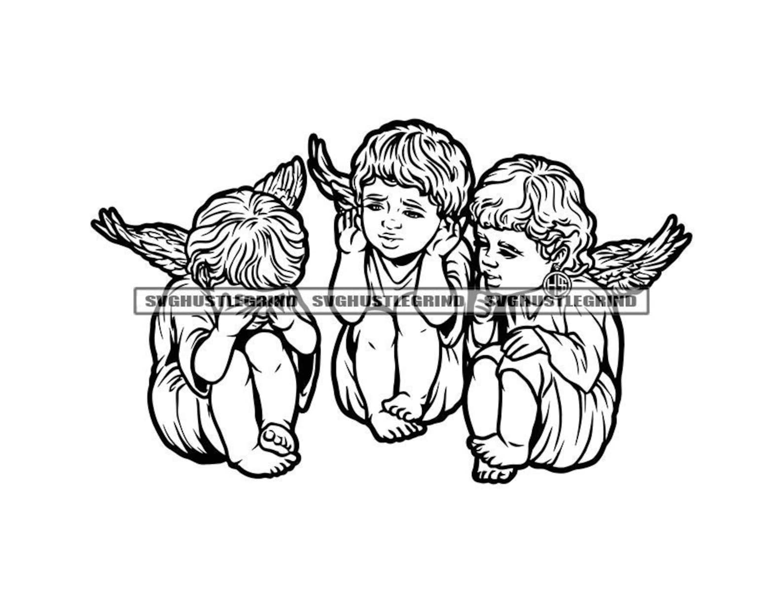 Three Cute Baby Boy Angels Wings Statues Hear No Evil See No Evil Speak ...