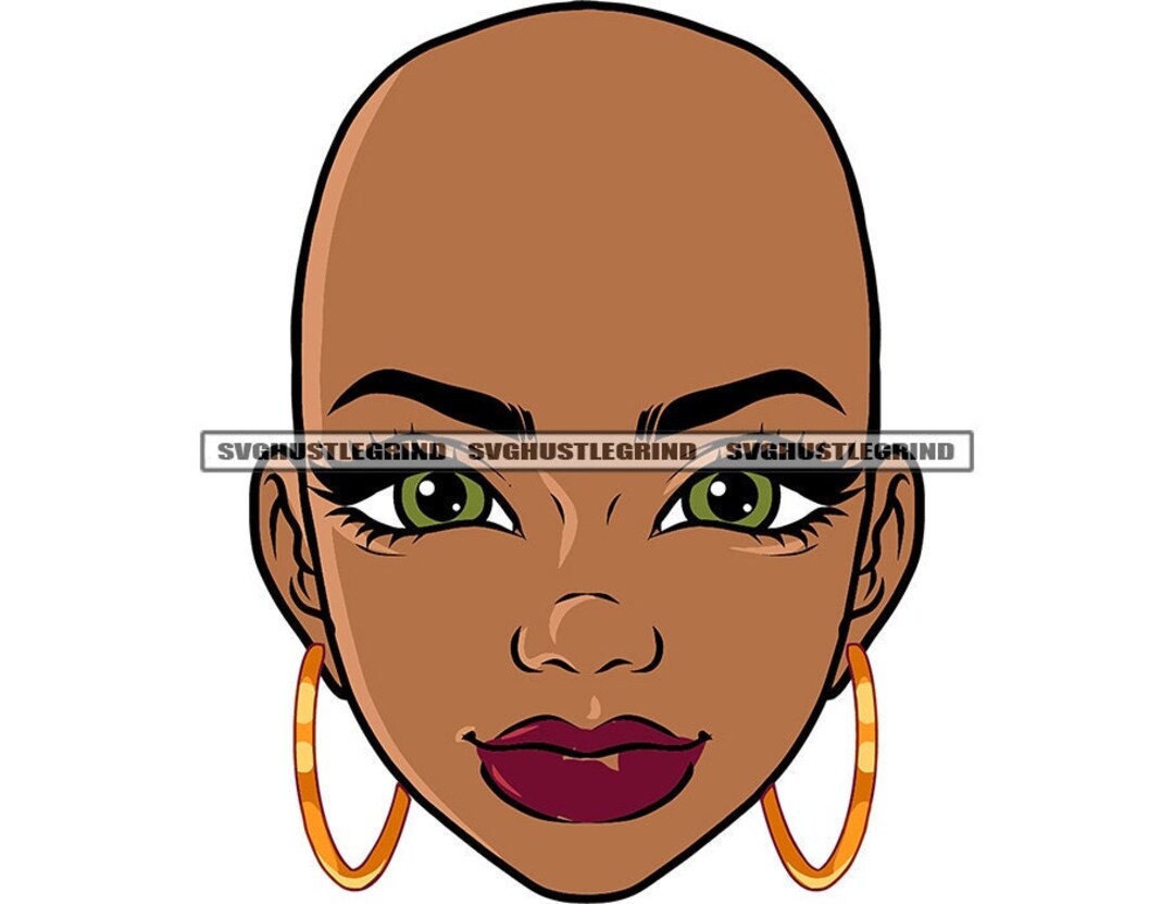 Beautiful Black Woman Bald Head Green Eyes Gold Hoops Long Lashes Head ...