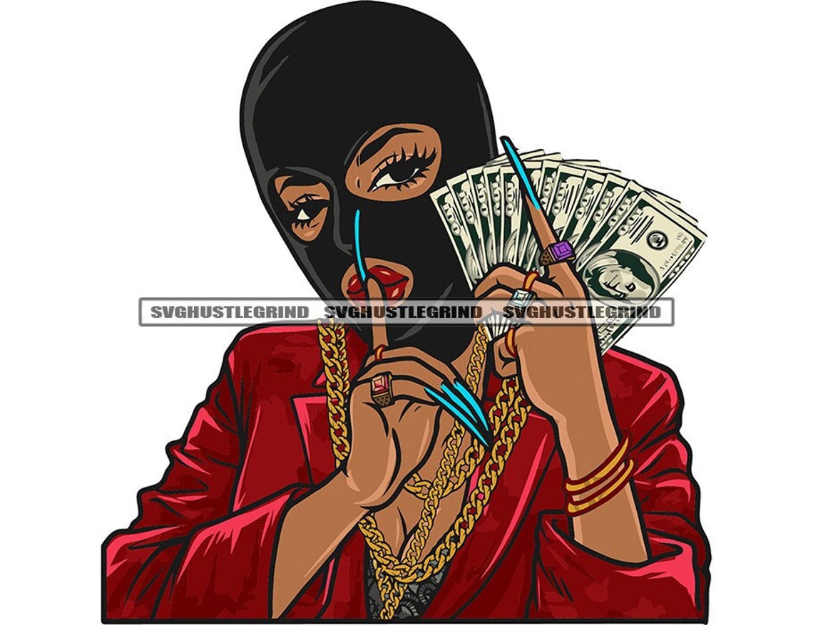 Savage Black Woman Black Ski Mask Holding Cash Money Dollar Bills Long ...