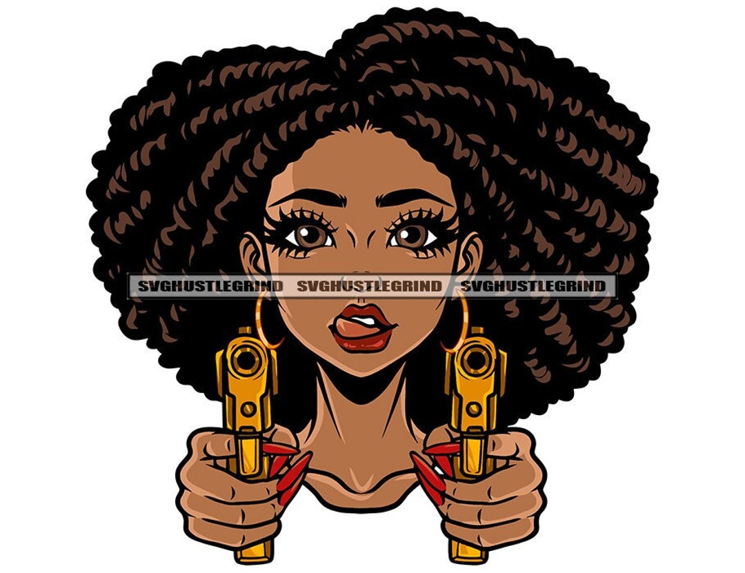 Black Woman Dread Locs Twist Holding Pointing Two Gold Guns Brown Eyes ...