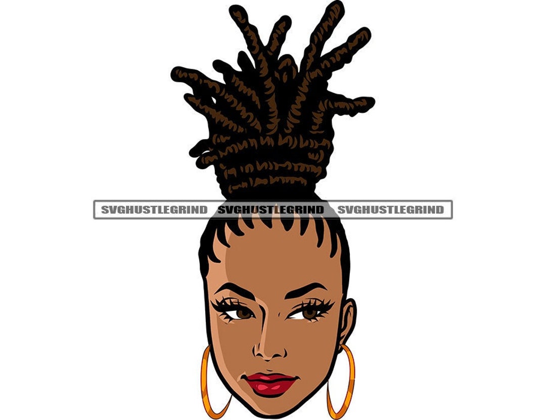 Black Woman Dread Locs Bun Head Only Brown Eyes Gold Hoop Earrings Red ...
