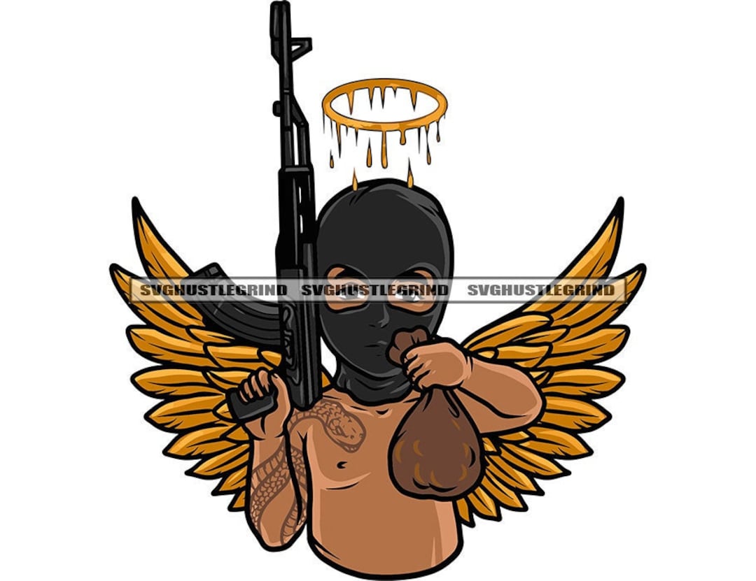 Masked Angel Gold Wings Holding Sack Long Gun Weapon Rifle Dripping ...
