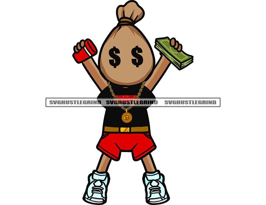 Bank Bag Head Black Child Holding Cash Money Black Shirt Red Shorts ...