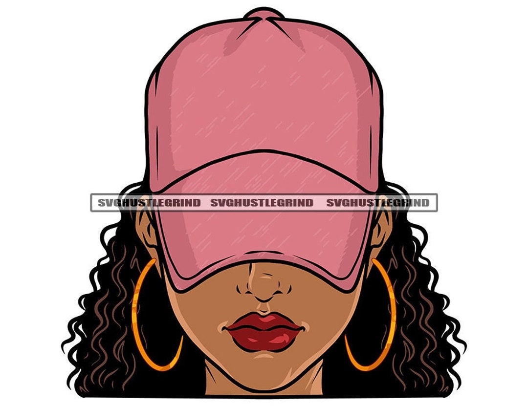 Black Woman Pink Baseball Cap Hat Over Face Wavy Hair Red Lips Gold ...