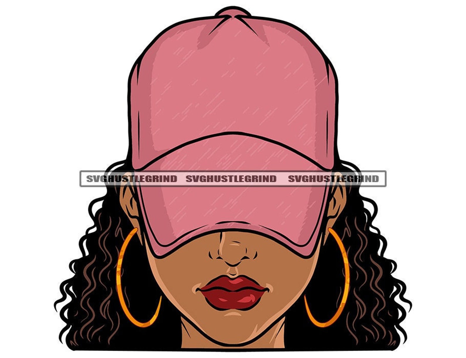 Black Woman Pink Baseball Cap Hat Over Face Wavy Hair Red Lips Gold ...