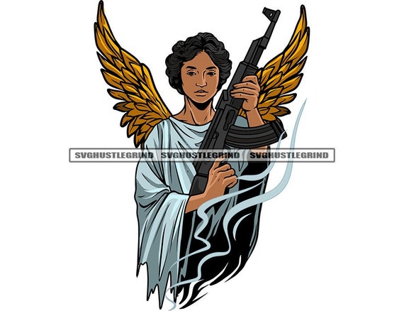 Black Male Angel Gold Wings Long Gown Holding Gun Weapon Rifle - Etsy