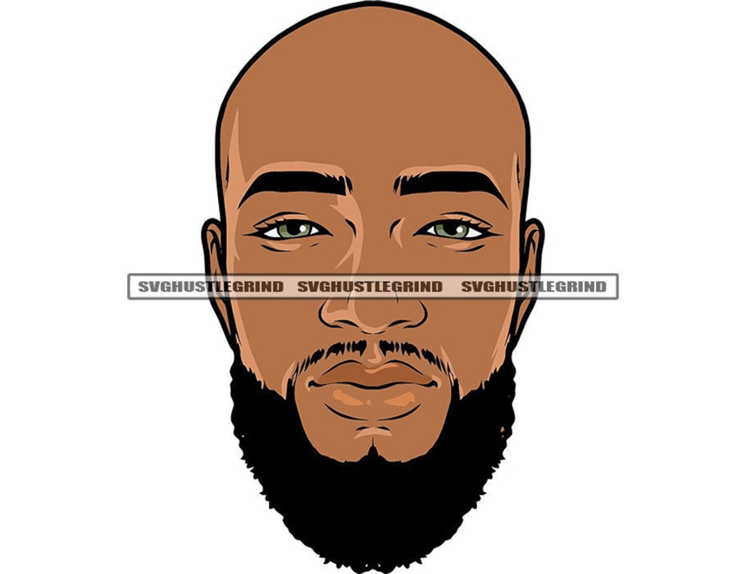 Handsome Bald Black Man Full Beard Head Only Portrait Mustache Green ...